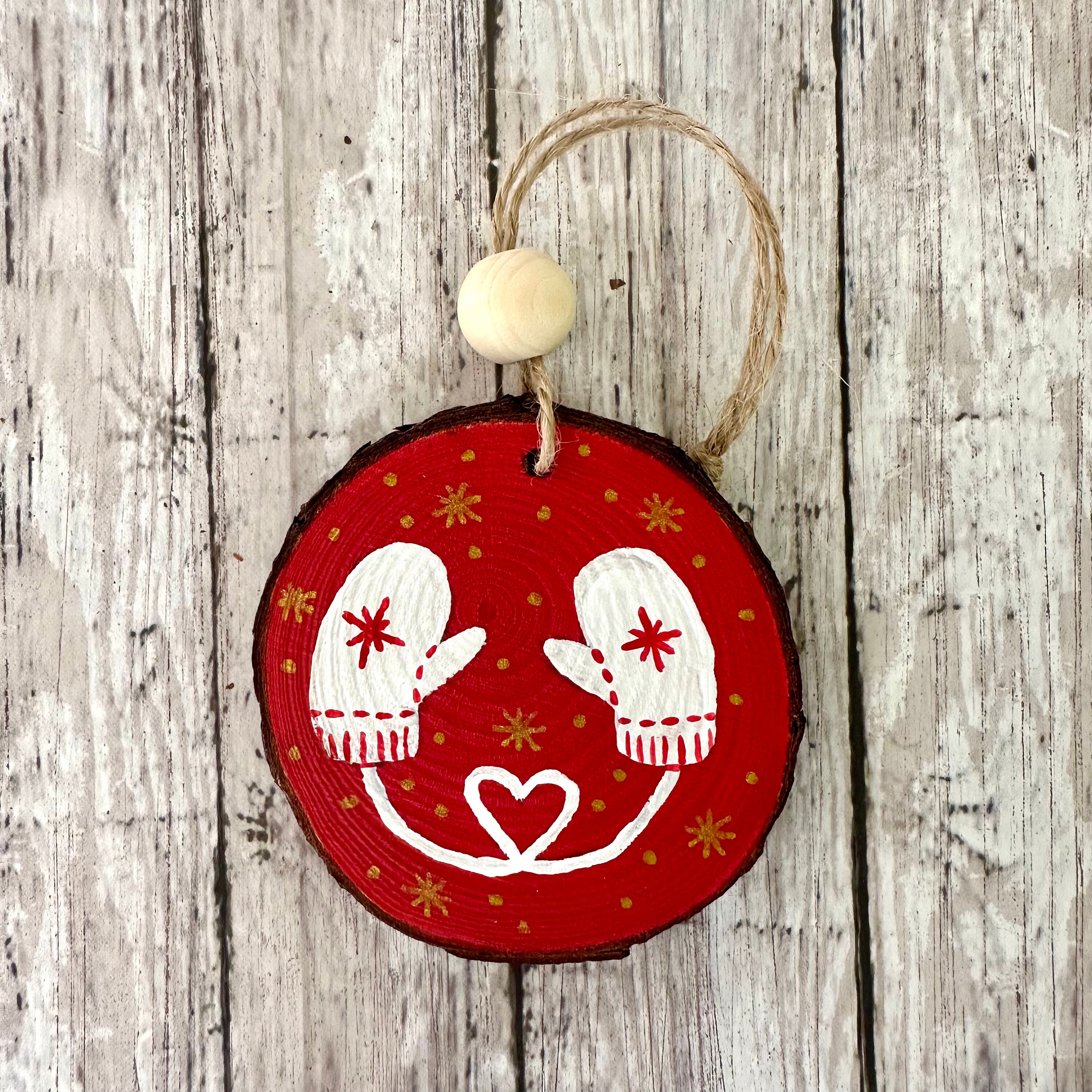 Hand Painted Red Mittens Christmas Ornament, Hand Painted Wood Slice ...
