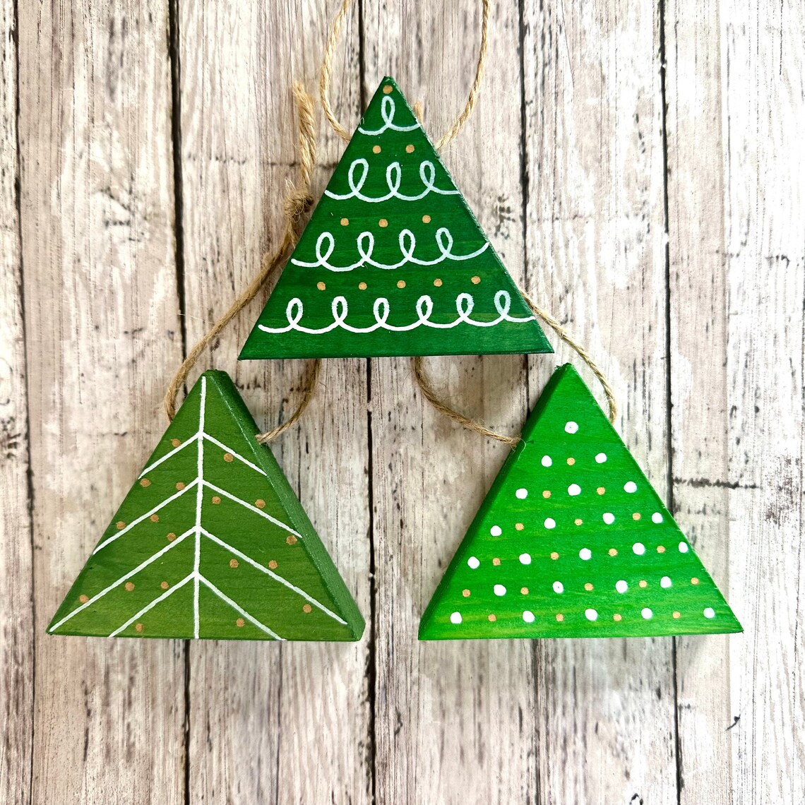 Hand Painted Set of 3 Green Pine Tree Christmas Ornaments, Hand Painted ...