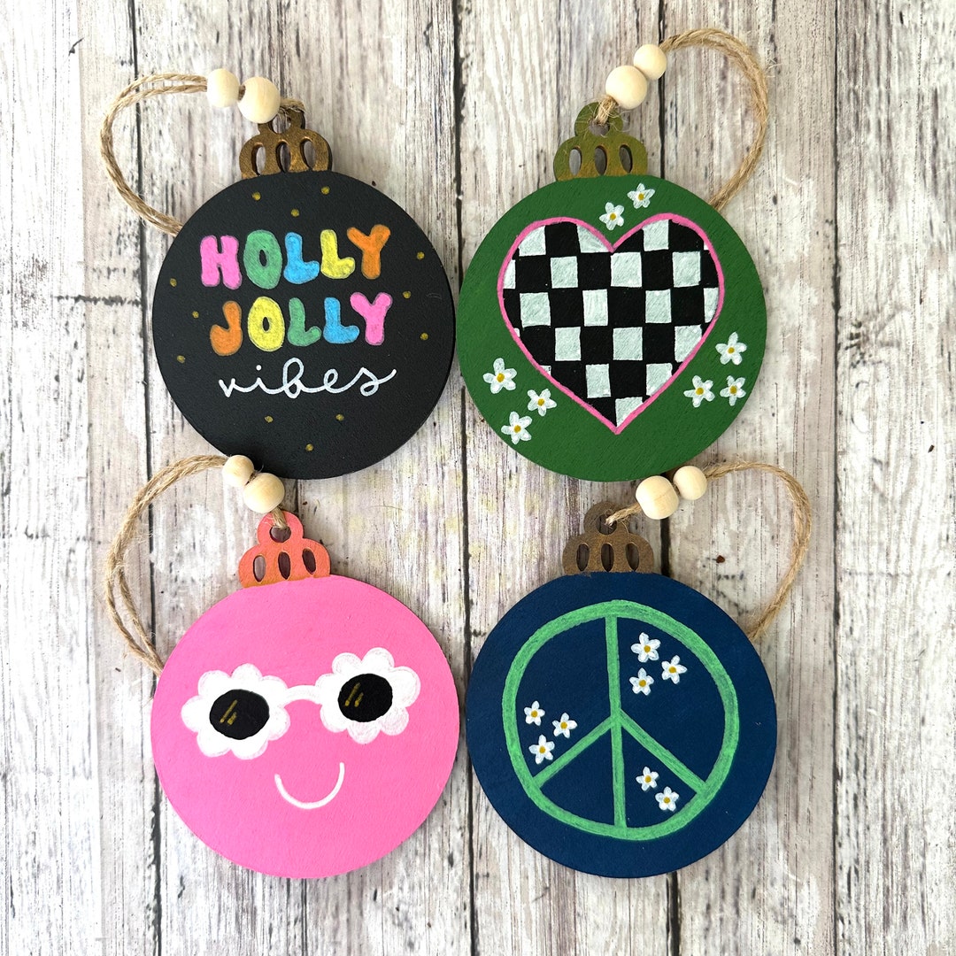 Hand Painted Multi Color Groovy Set of 4 Christmas Ornaments, Hand ...