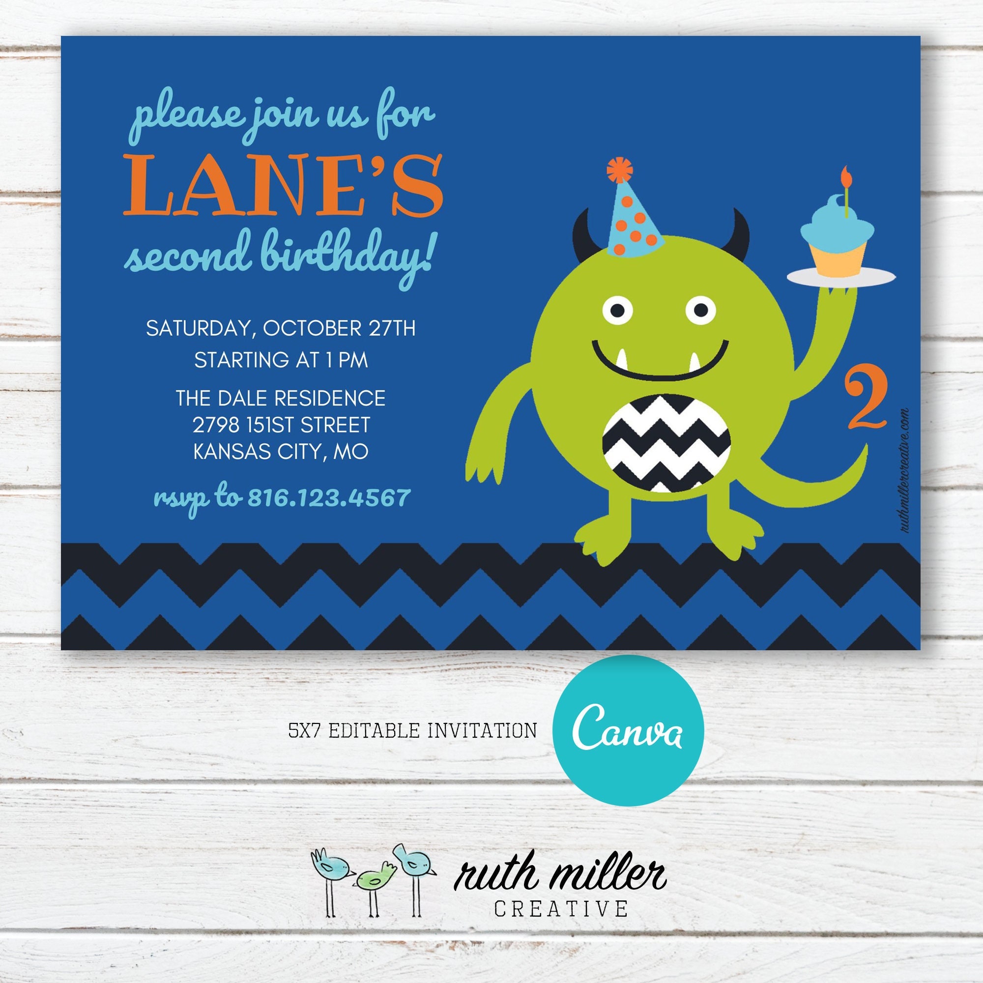 Blue Cute Monster Birthday Party Invitation, Editable, Printable ...