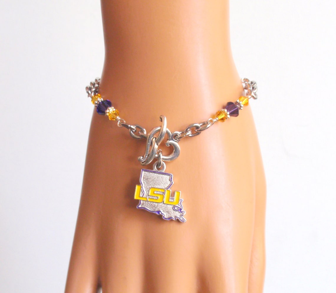 LSU Tigers Purple and Gold Crystal Stainless Steel Chain Bracelet - Etsy