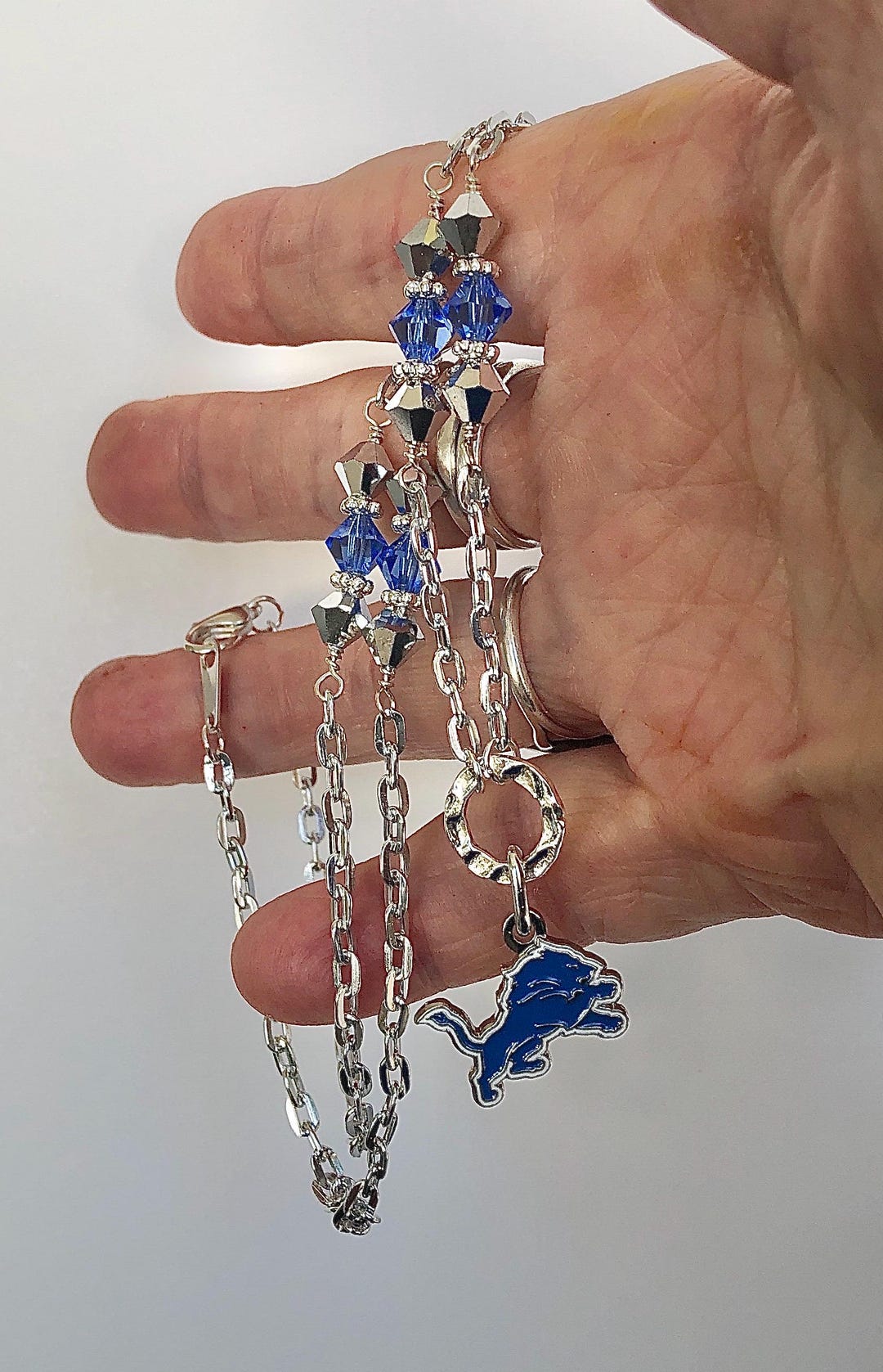 Detroit Lions Metallic Silver and Blue Crystal Charm Necklace - Etsy