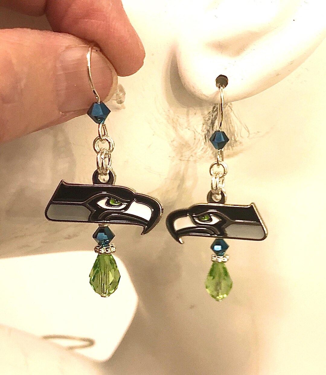 Seattle Seahawks Neon Green Tear Drop Metallic Navy Crystal Dangle ...