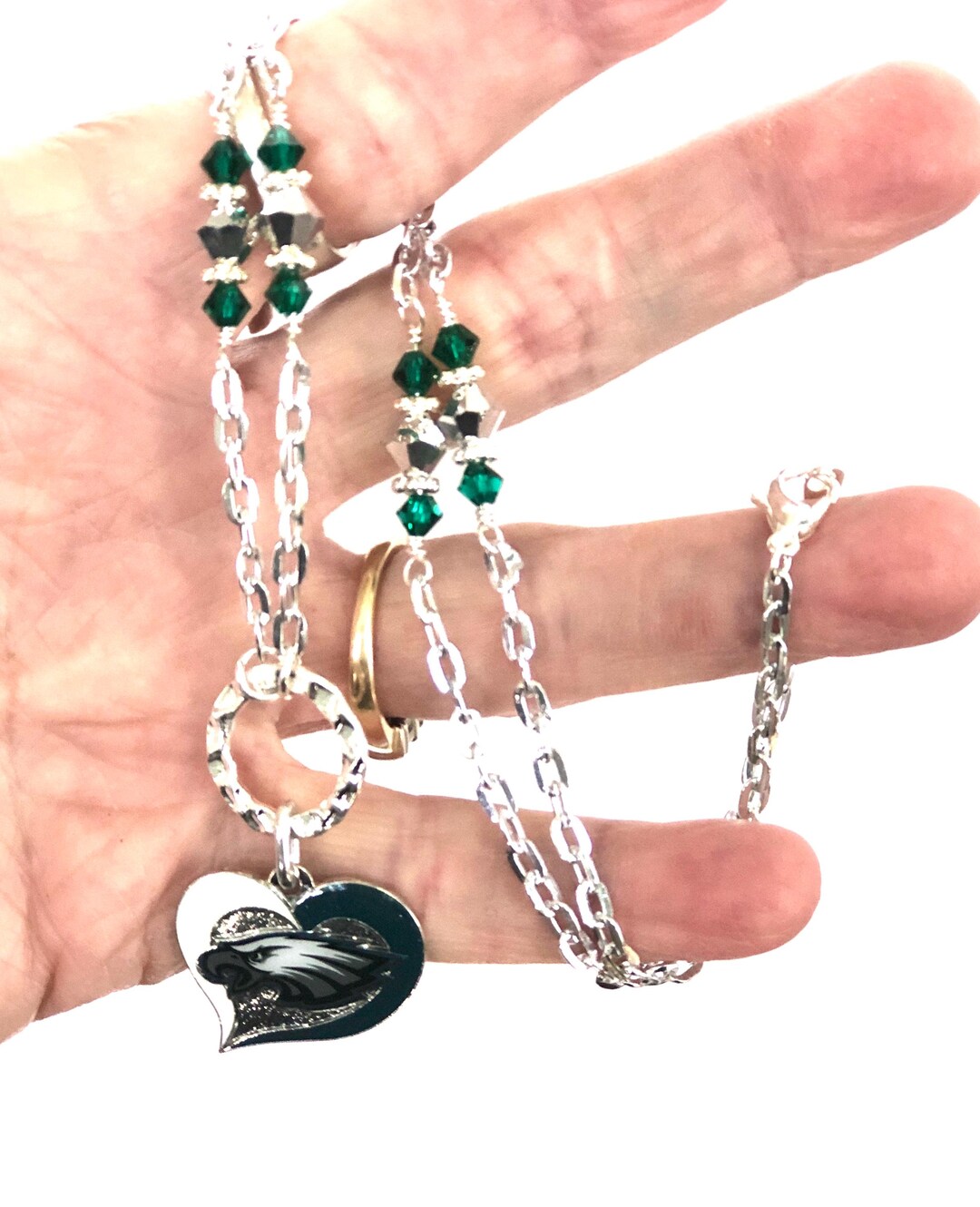 Philadelphia Eagles Silver and Green Crystal Heart Charm Necklace - Etsy