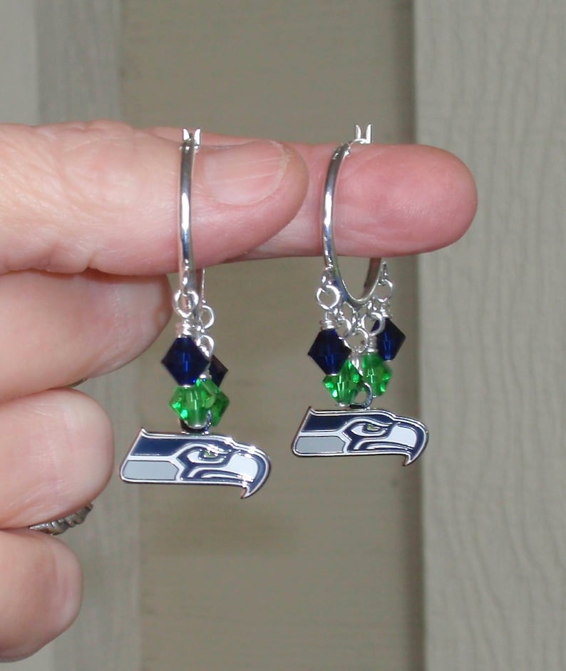 Seattle Seahawks Navy and Neon Green Crystal Hoop Earrings | Etsy