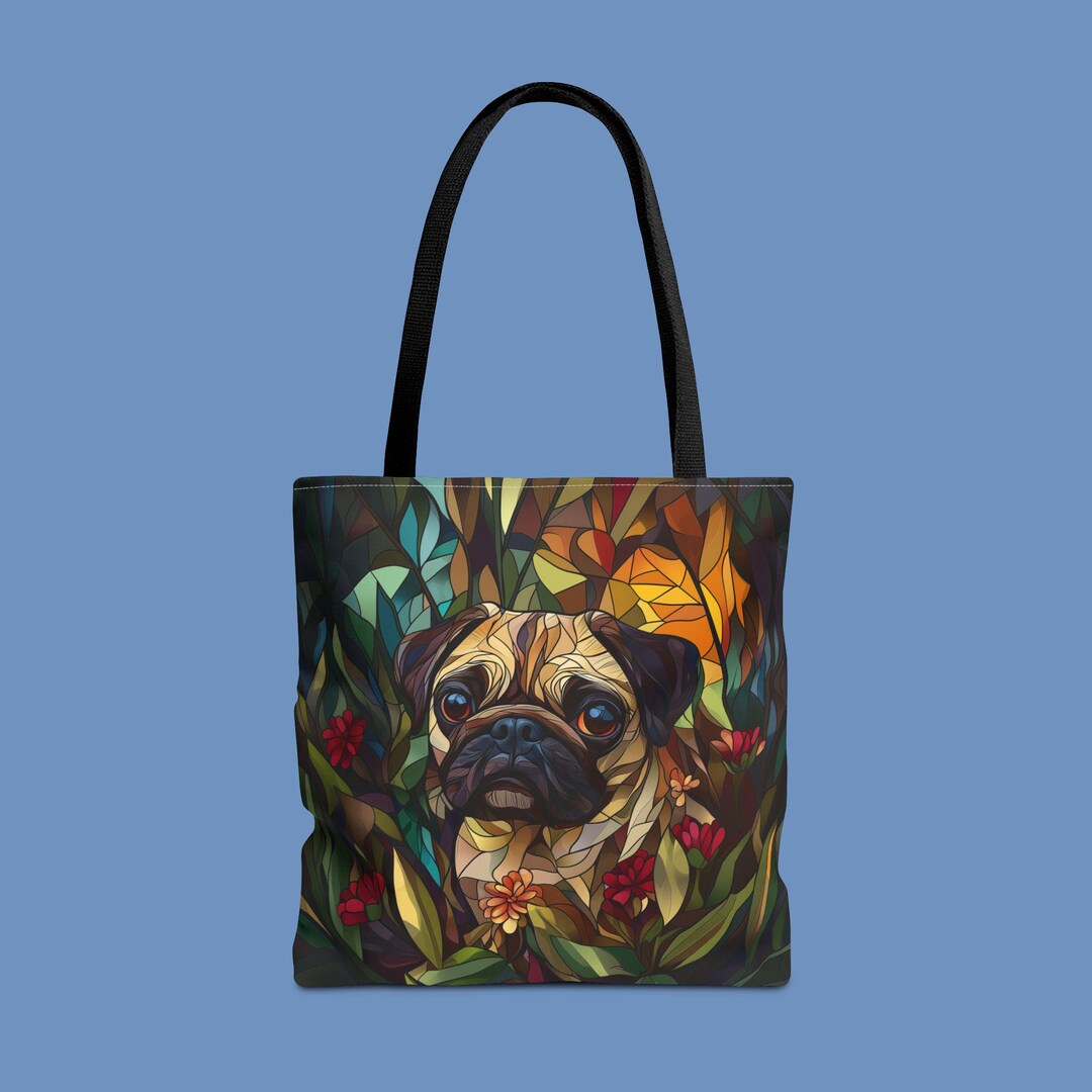 Stained Glass Pug Tote Bag for Pug Enthusiasts, Colorful Puppy Floral ...