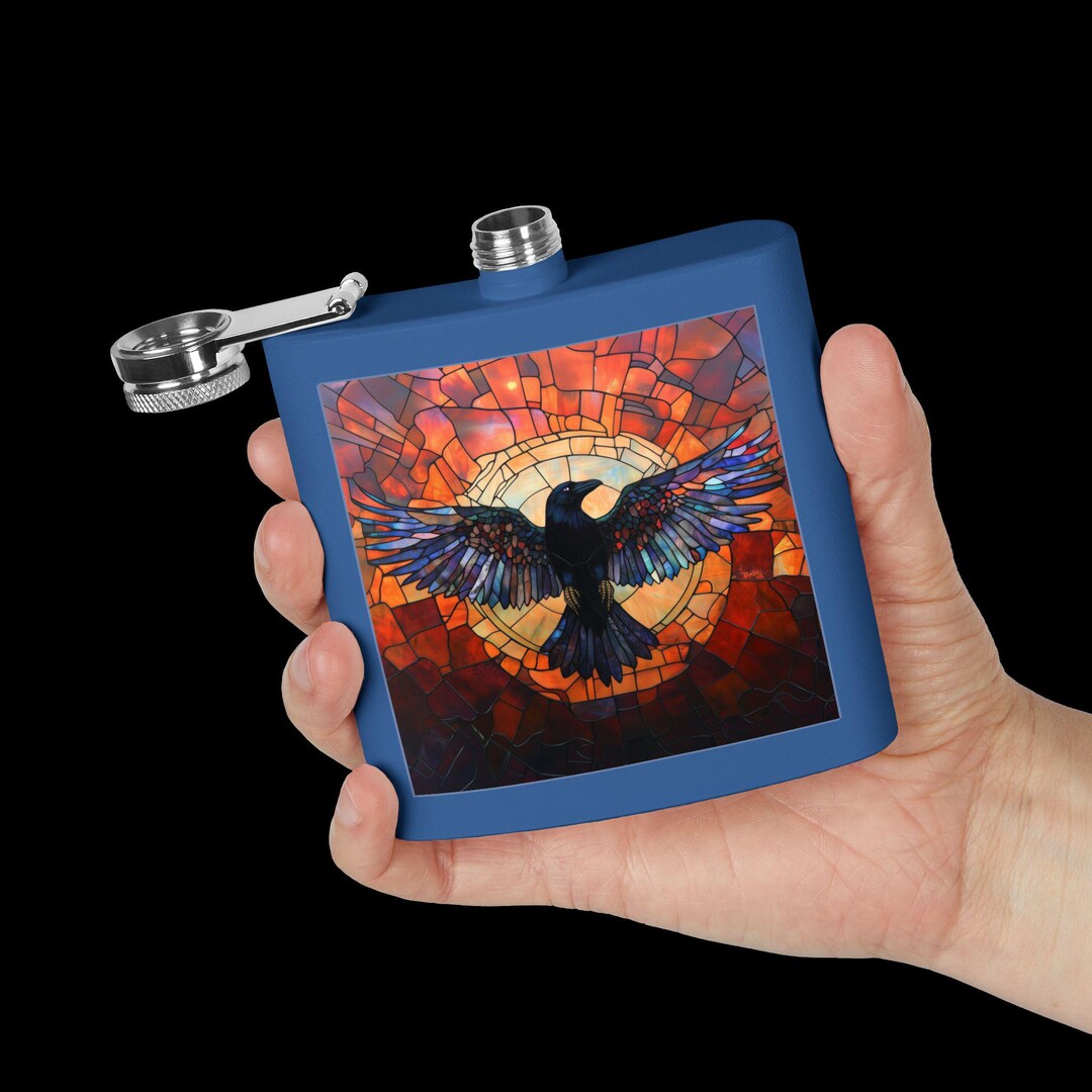 Flask, Stained Glass Style Artwork of Raven, 6oz Stainless Steel ...