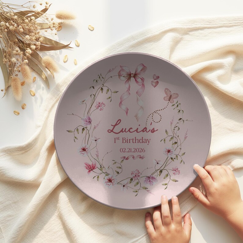 Custom First Birthday Plate Set, Floral Keepsake Unbreakable Smash Cake ...