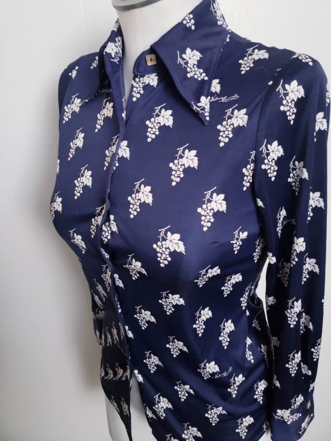 Vintage 70s Navy Grapes Pointed Collar Disco Blouse. S M - Etsy