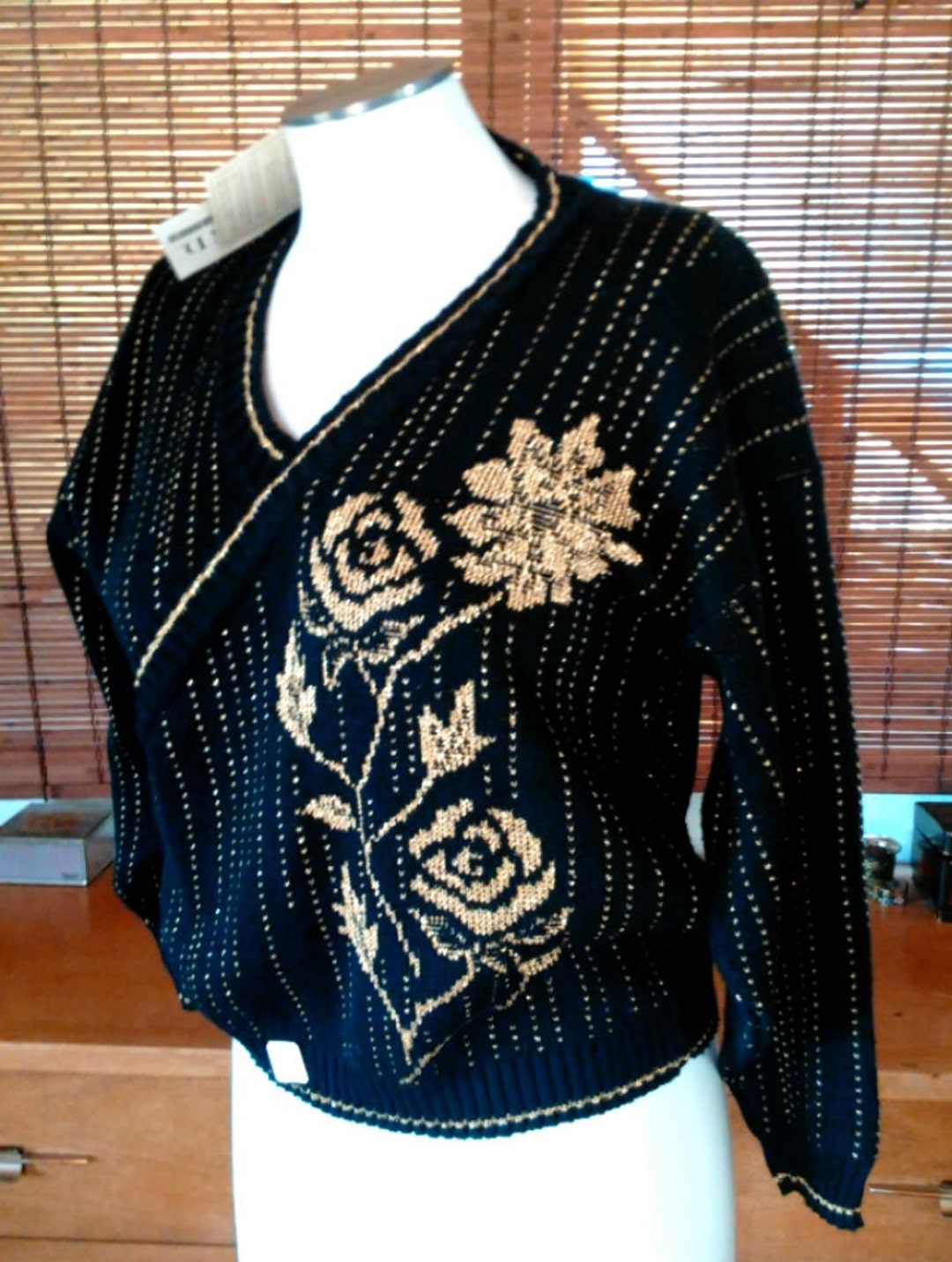 Vintage NWT 80s Metallic Rose Black and Gold Disco Sweater M L - Etsy