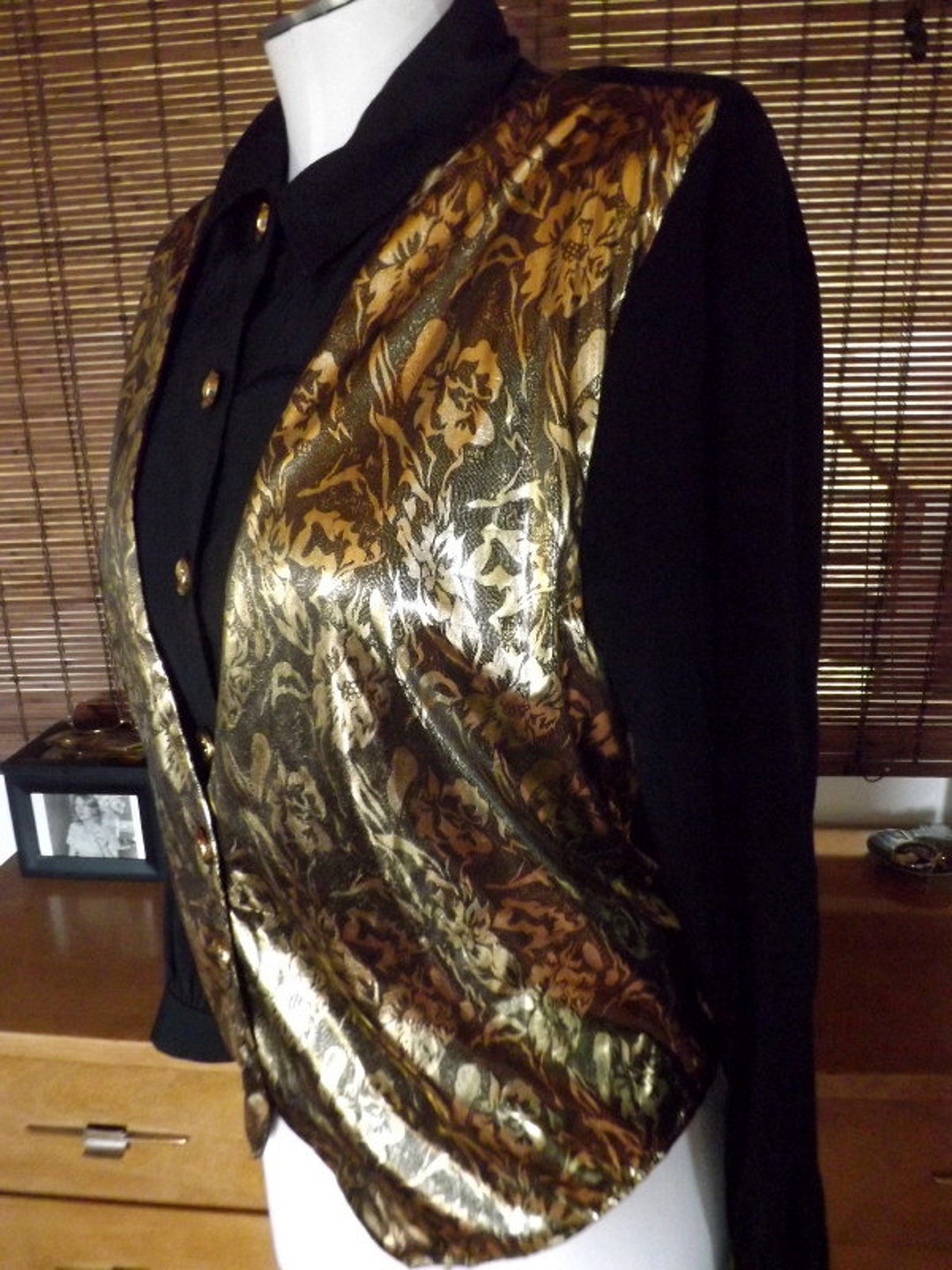 Vintage 80s-90s New Wave Black Button Down With Attatched Gold Rose ...