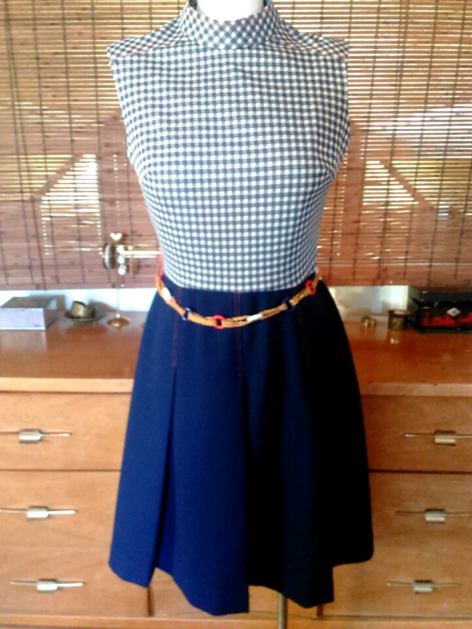 Vintage 60s Navy Checkered Mod Dress With RWB Chain Belt M - Etsy