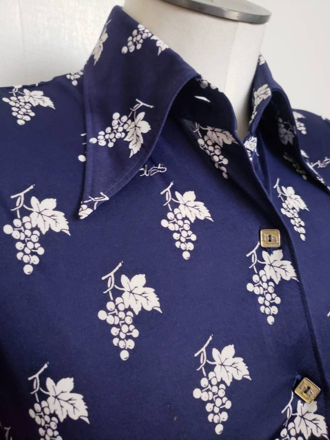 Vintage 70s Navy Grapes Pointed Collar Disco Blouse. S M - Etsy