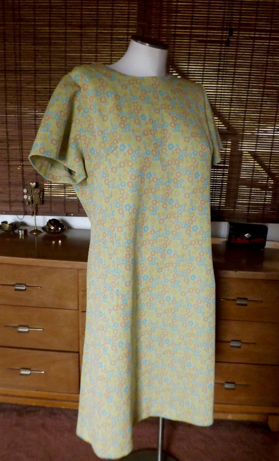 Vintage 60s Lime Daisy Knit Wiggle Dress L Free Shipping - Etsy