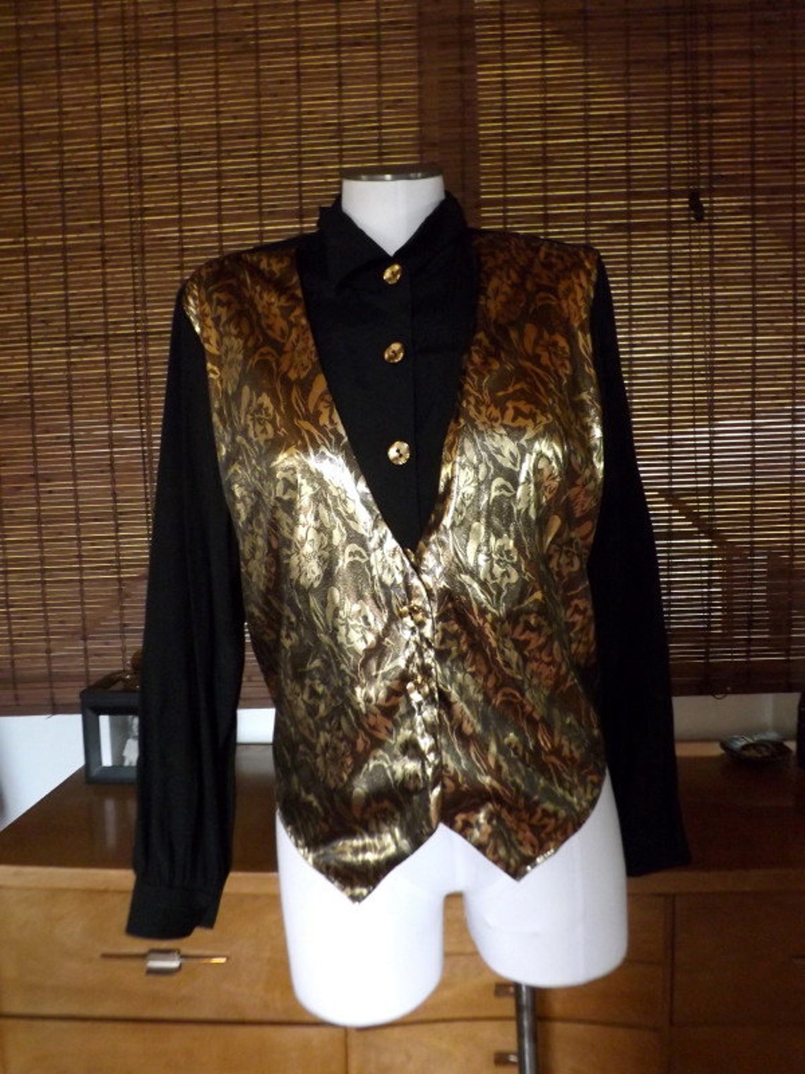Vintage 80s-90s New Wave Black Button Down With Attatched Gold Rose ...