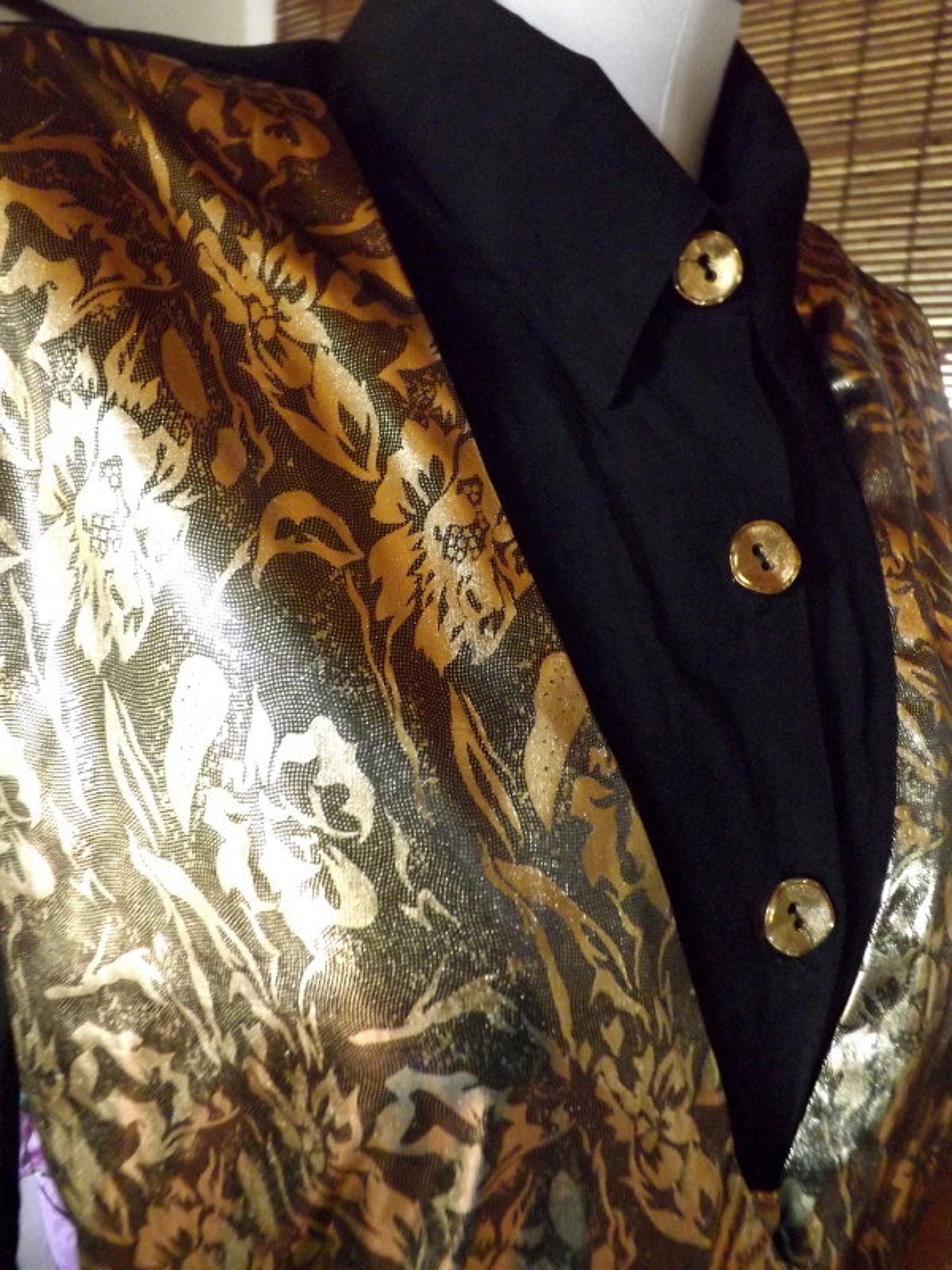 Vintage 80s-90s New Wave Black Button Down With Attatched Gold Rose ...