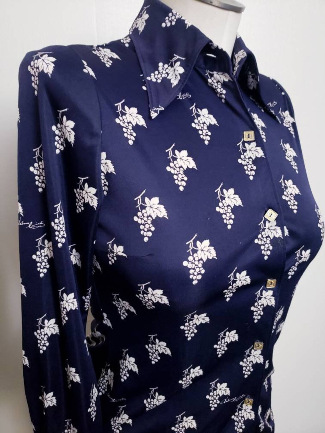 Vintage 70s Navy Grapes Pointed Collar Disco Blouse. S M - Etsy