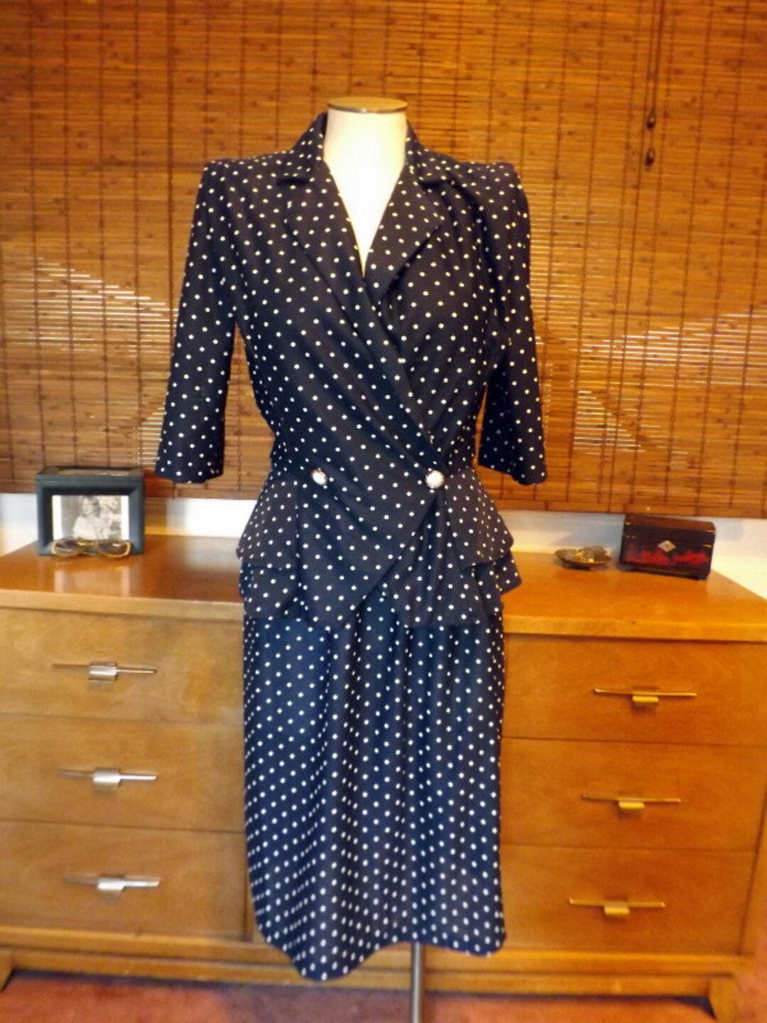 Vintage 80s Does 40s Pinup Navy Polka Dot Double Peplum Skirt and ...