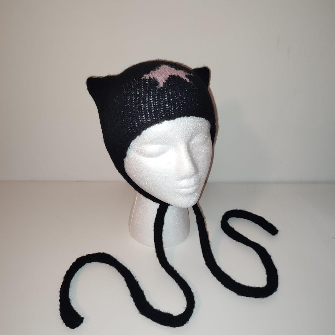 Black Cat Bonnet, Handmade Square Beanie With Straps, Star Cat Ear ...