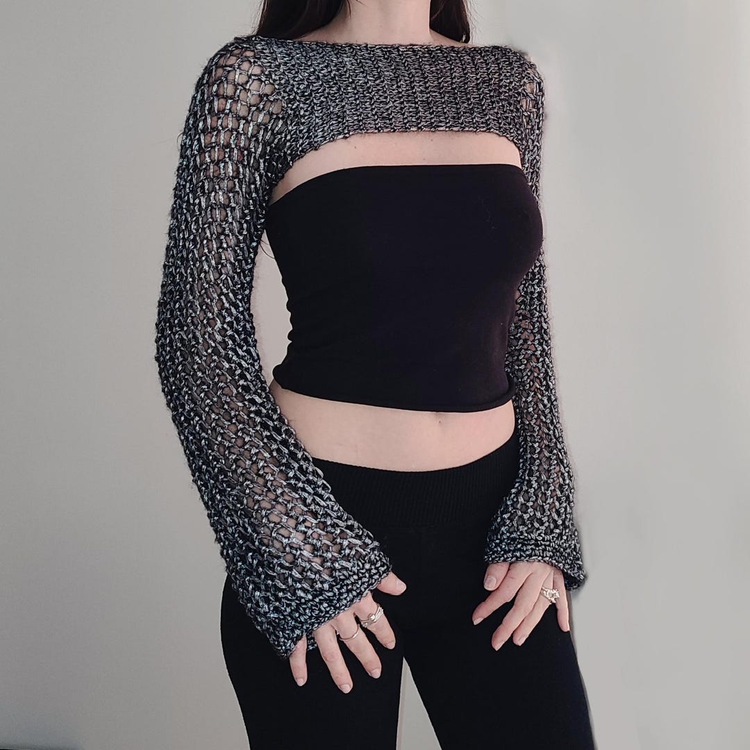 Hand Knitted Silver Grey Bolero, Metallic Faux Chainmail Knit Shrug ...