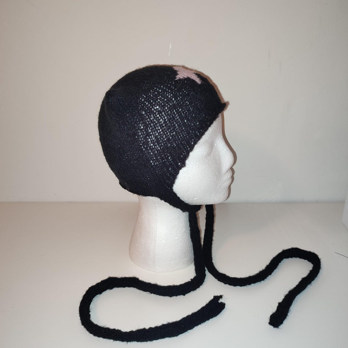 Black Cat Bonnet, Handmade Square Beanie With Straps, Star Cat Ear ...