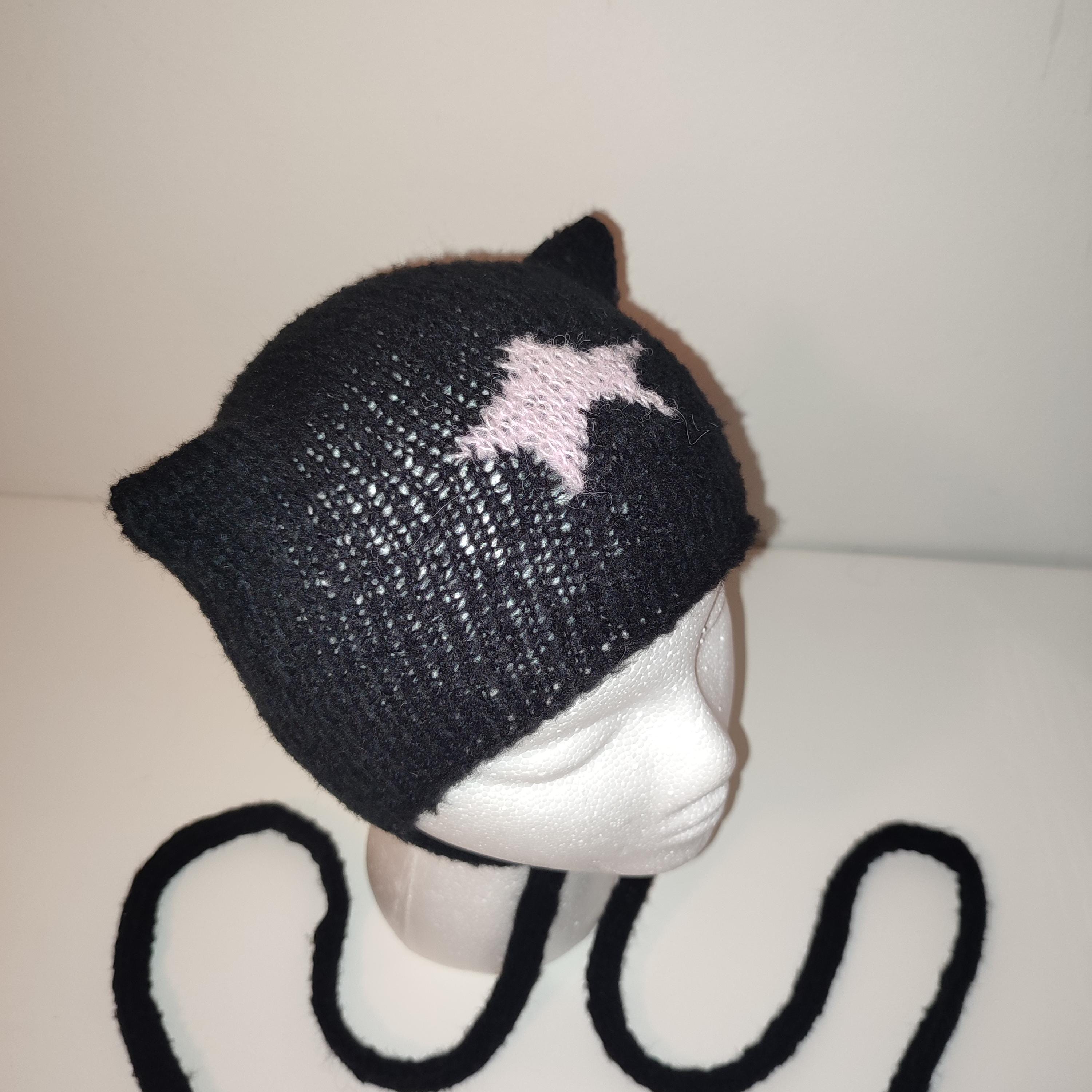 Black Cat Bonnet, Handmade Square Beanie With Straps, Star Cat Ear ...
