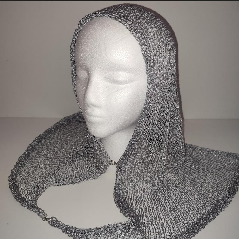 Knit Silver Hood, Handmade Coif, Medieval Knight Head Piece, Faux ...