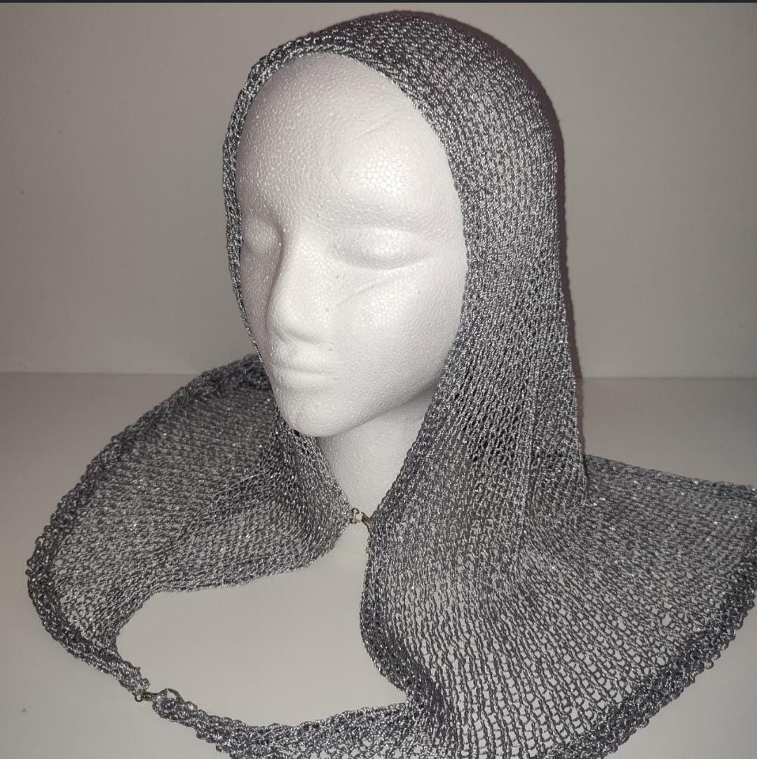 Knit Silver Hood, Handmade Coif, Medieval Knight Head Piece, Faux ...