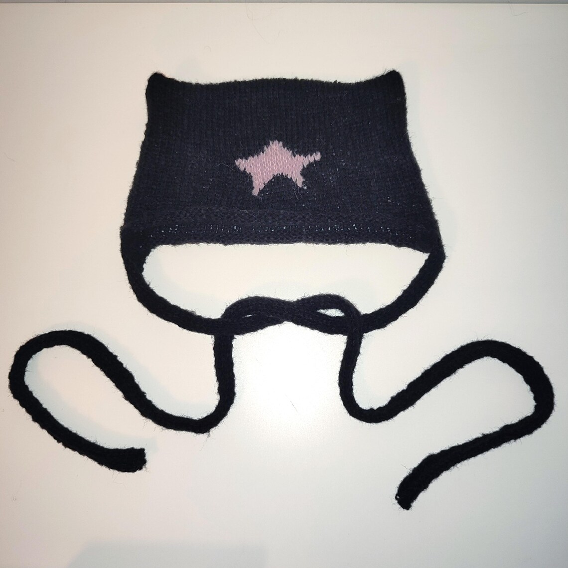 Black Cat Bonnet, Handmade Square Beanie With Straps, Star Cat Ear ...