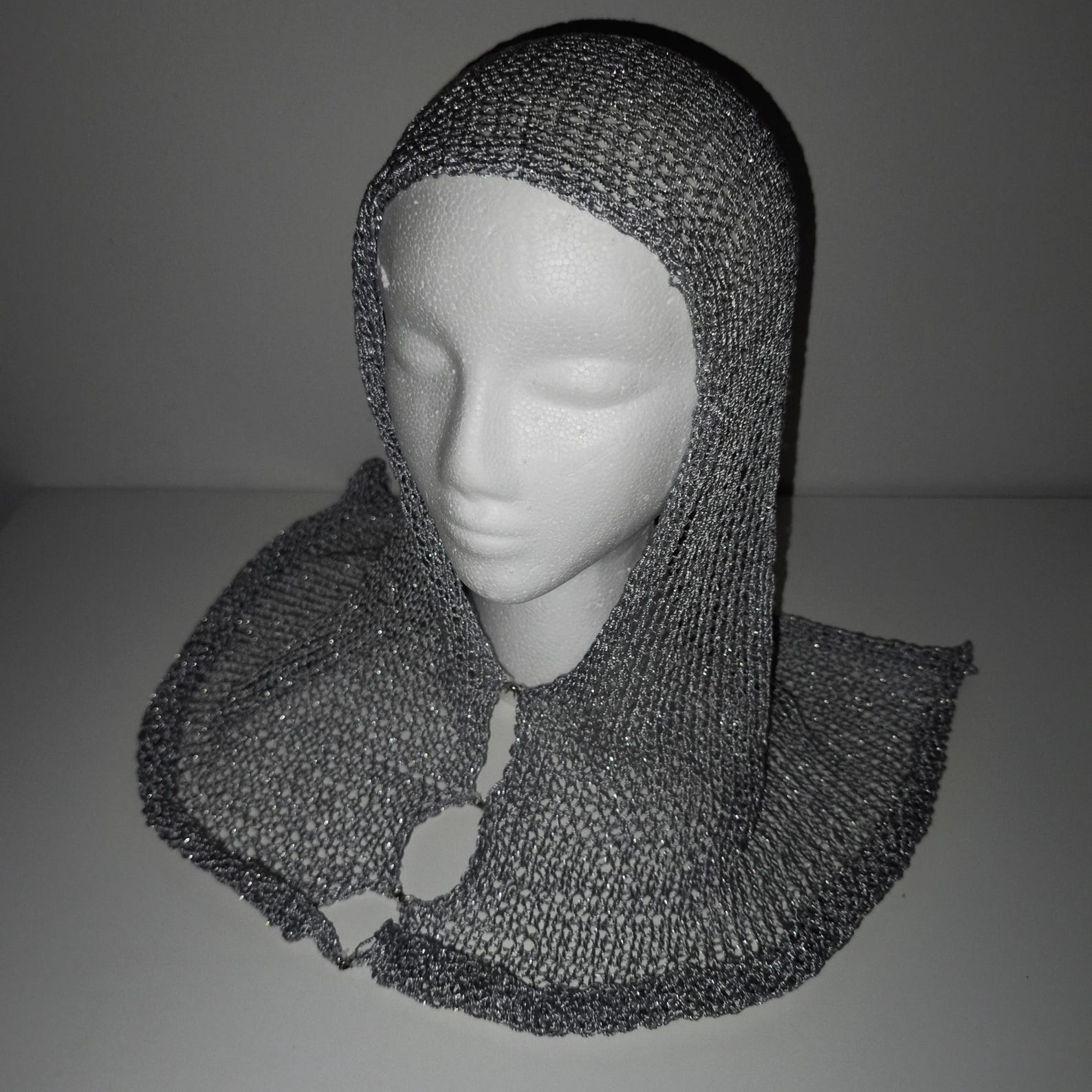 Knit Silver Hood, Handmade Coif, Medieval Knight Head Piece, Faux ...