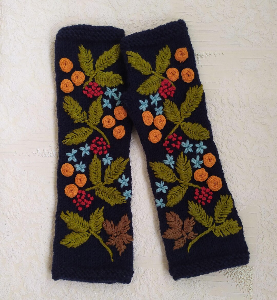 Embroidered Fingerless Long Mittens With Leaves Berries, Fingerless ...
