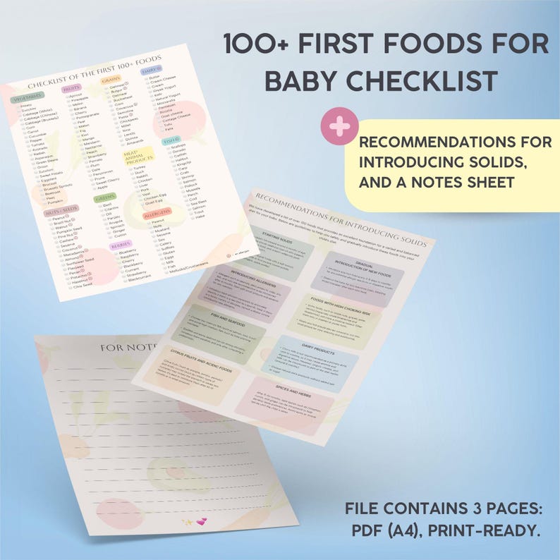 Over 100 First Foods for Baby Checklist Printable Guide for Introducing ...