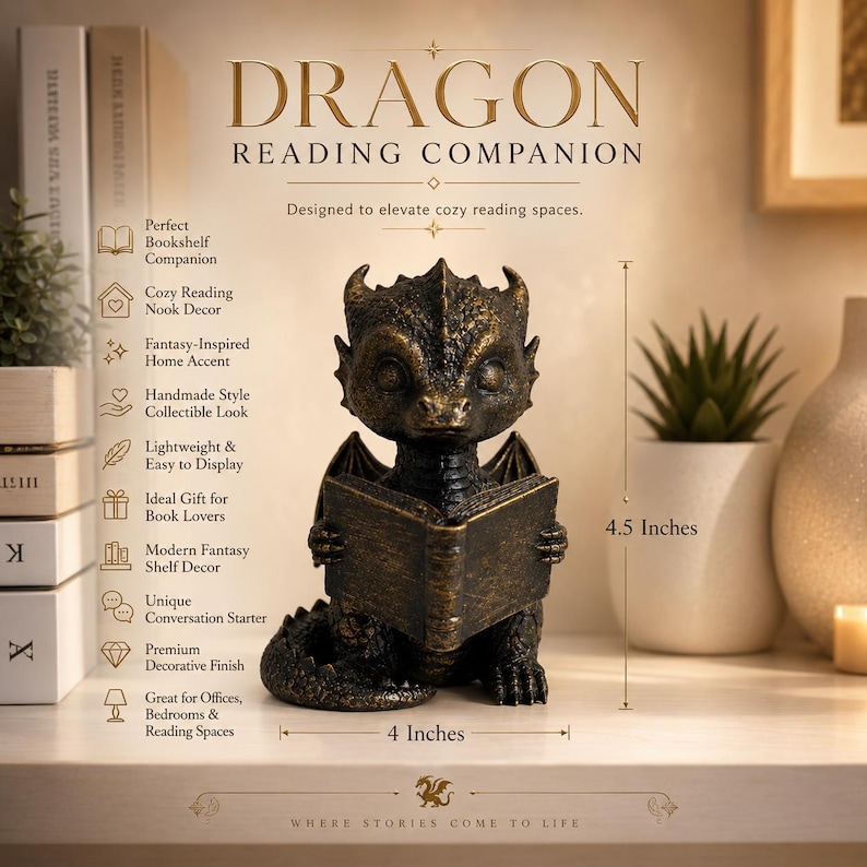 Book Lover Decor, Bookshelf Decor, Dragon Figurine Shelf Decoration ...