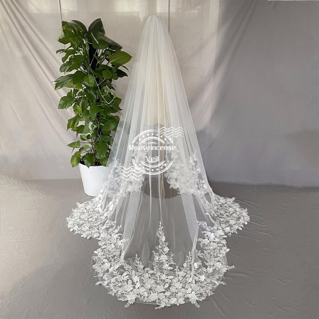 3D Floral Appliques Wedding Veil, Chapel Length Bridal Veil, White ...