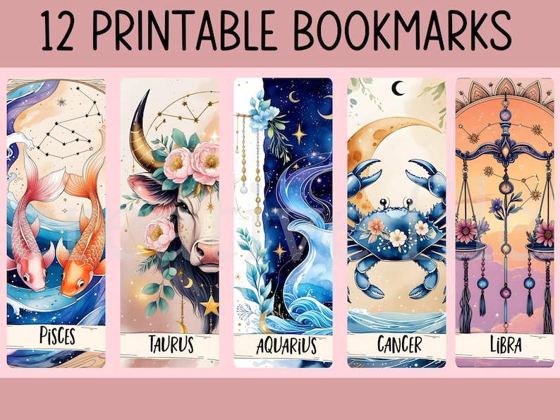 Zodiac Boho Printable Bookmarks Bundle, Astrology Bookmarks Set 12 ...