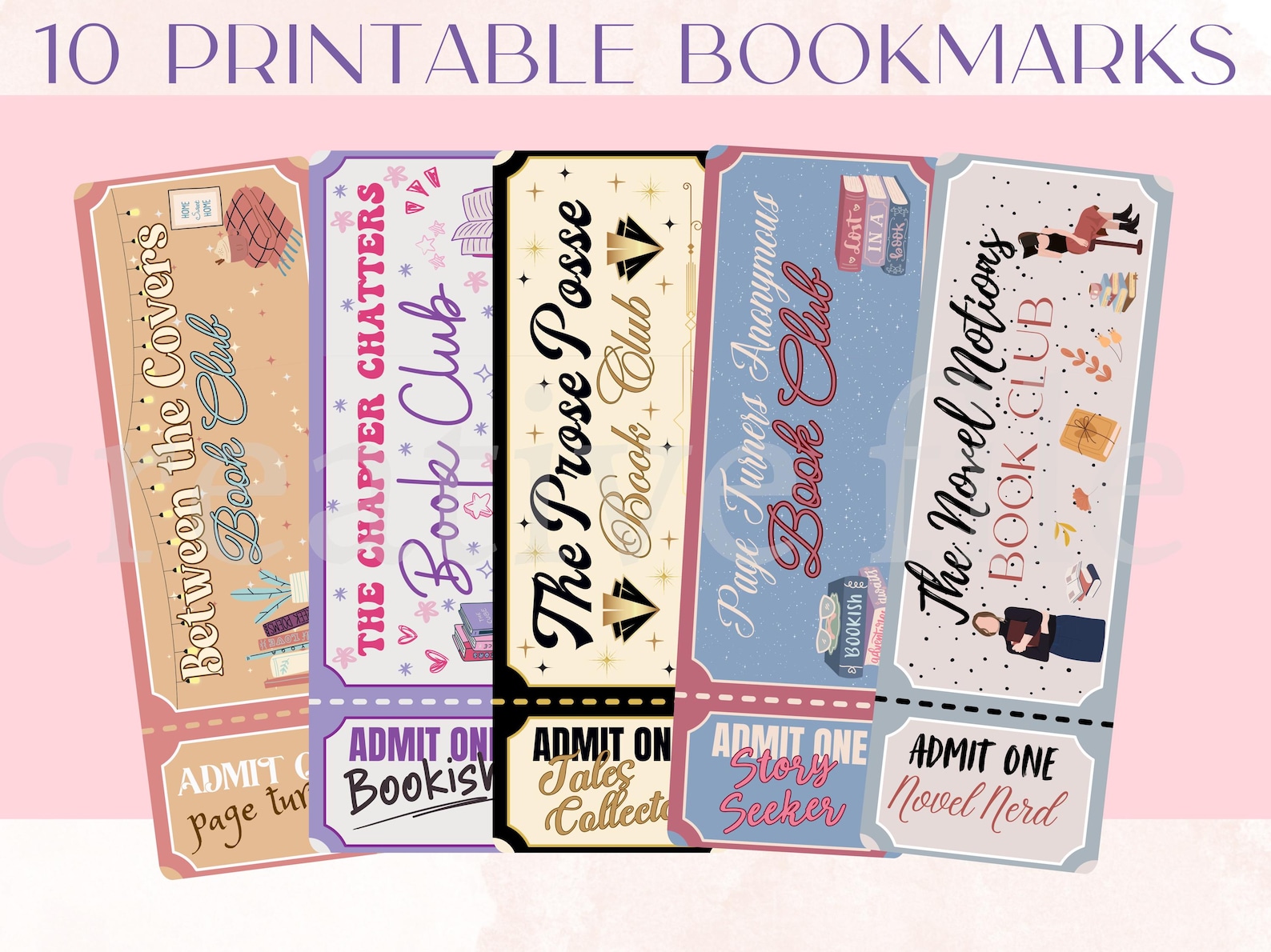 Book Club Ticket Desing Printable Bookmarks Bundle, 10 PNG Aesthetic ...