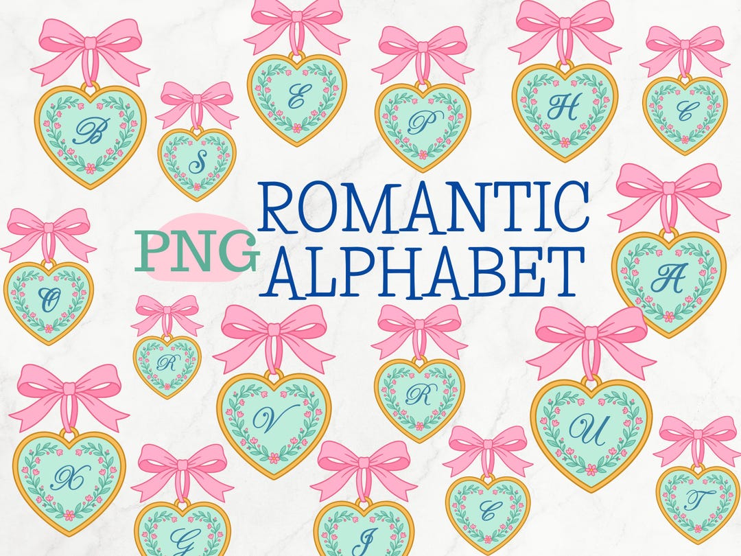Romantic Alphabet PNG Bundle, Coquette Initial Clipart Set, Heart ...