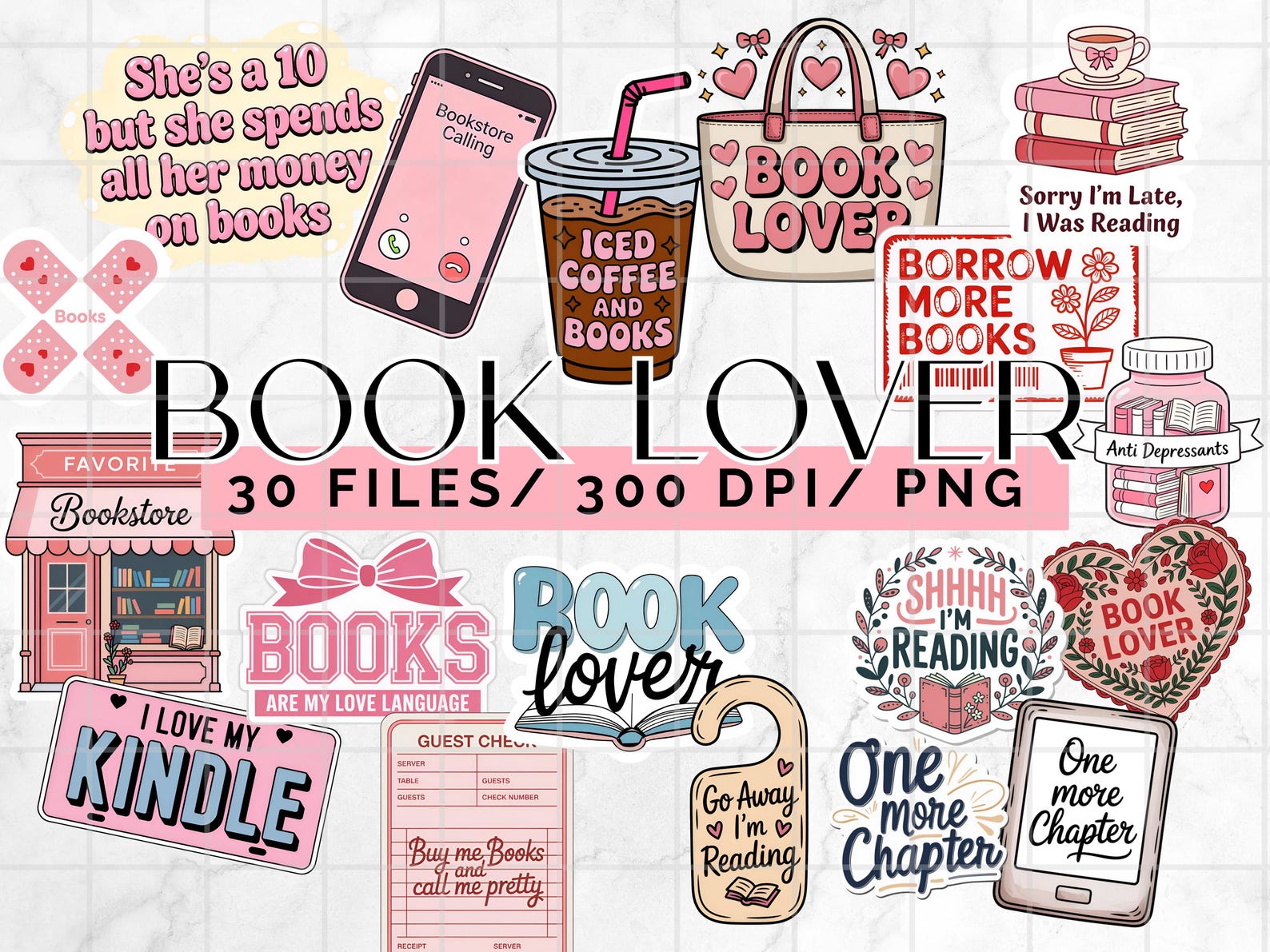Book Lover Clipart Bundle, 30 Reading Sticker PNG Files, Bookish ...