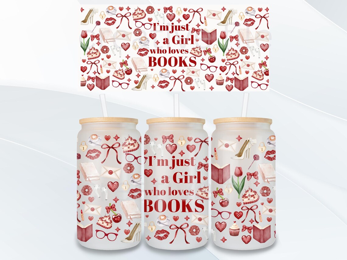 Book Lover 16oz Libbey Glass Wrap PNG, Literary Aesthetic Cup Wrap ...