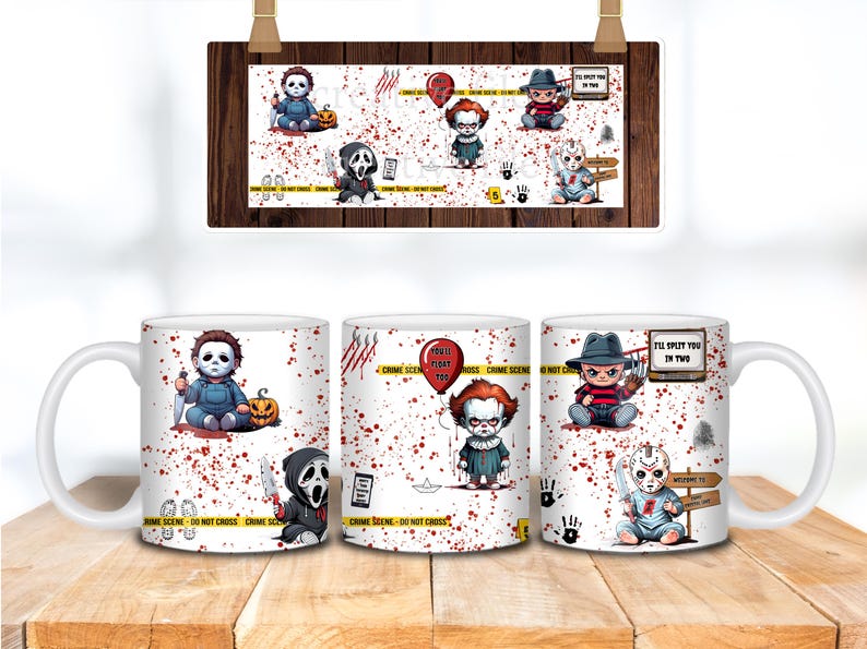 Chibi Horror Mug Wrap PNG, Cute Killer Inspired Halloween Movie Characters, 11oz & 15oz ...