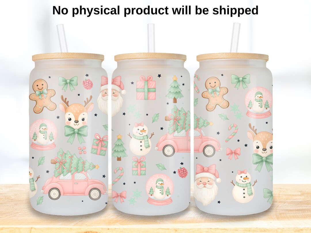 Girly Christmas 16oz Can Glass Wrap PNG, Kawaii Reindeer Santa and ...