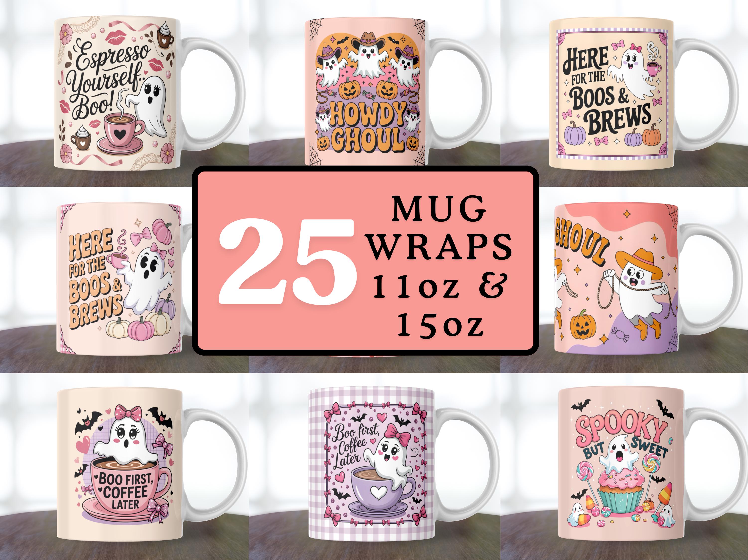 Halloween Coquette Ghost Mug Wraps PNG Bundle, 25 PNG 11oz & 15oz Girly ...