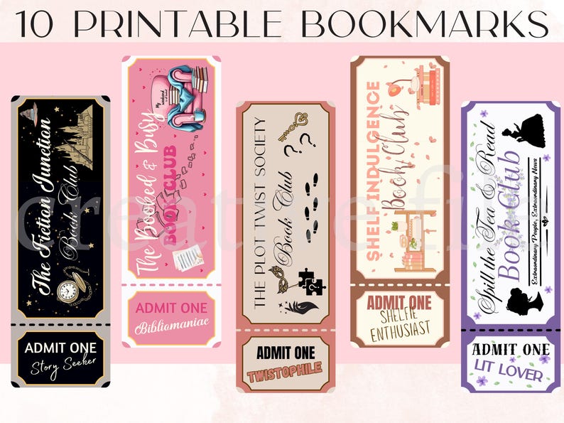 Book Club Ticket Desing Printable Bookmarks Bundle, 10 PNG Aesthetic ...