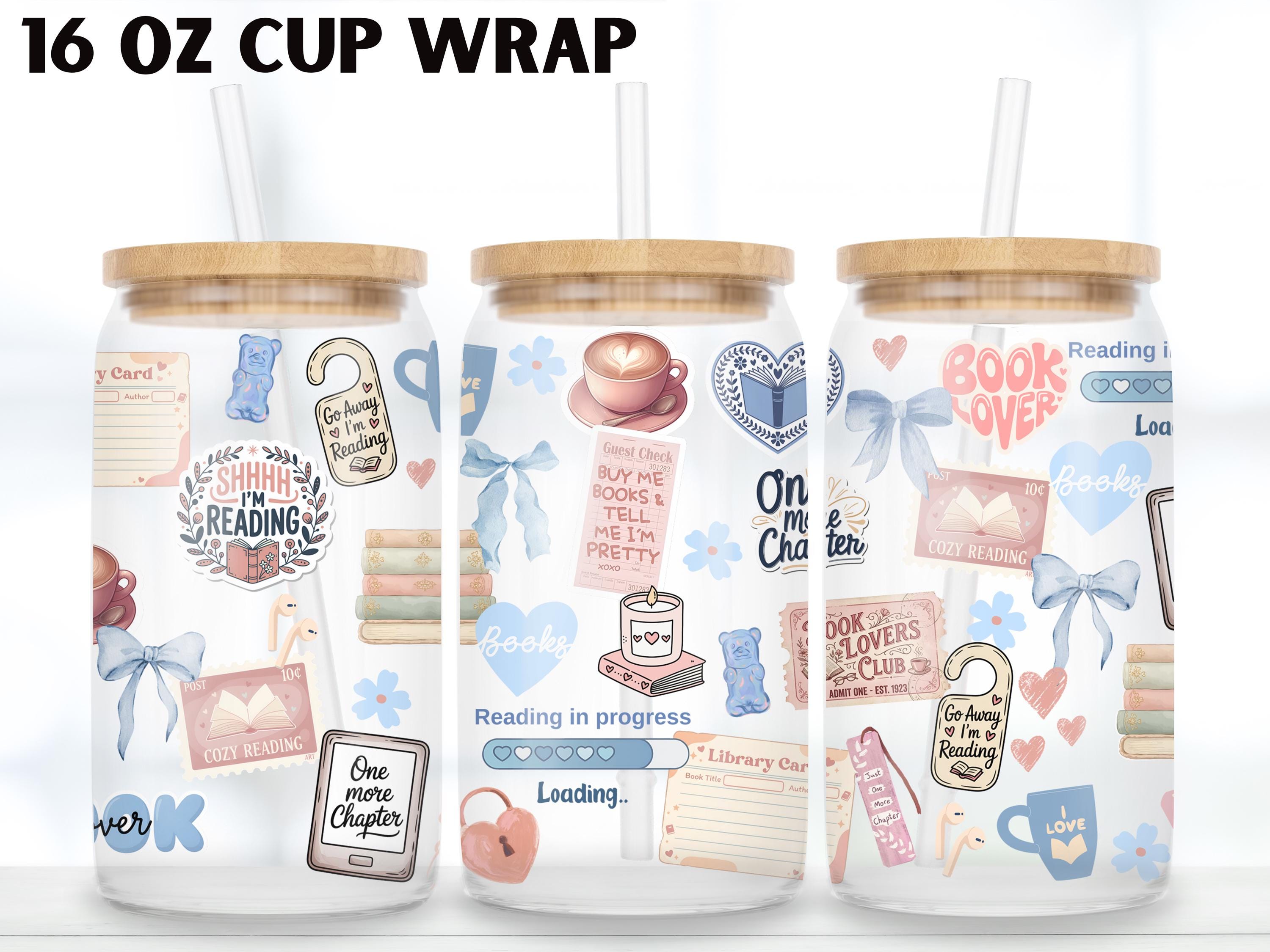 Book Lover 16oz Can Glass Wrap PNG, Reading Theme Cup Wrap, Cozy ...