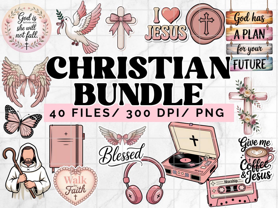 Christian Clipart Bundle PNG, Faith Based Graphics Set, 40 Christian ...