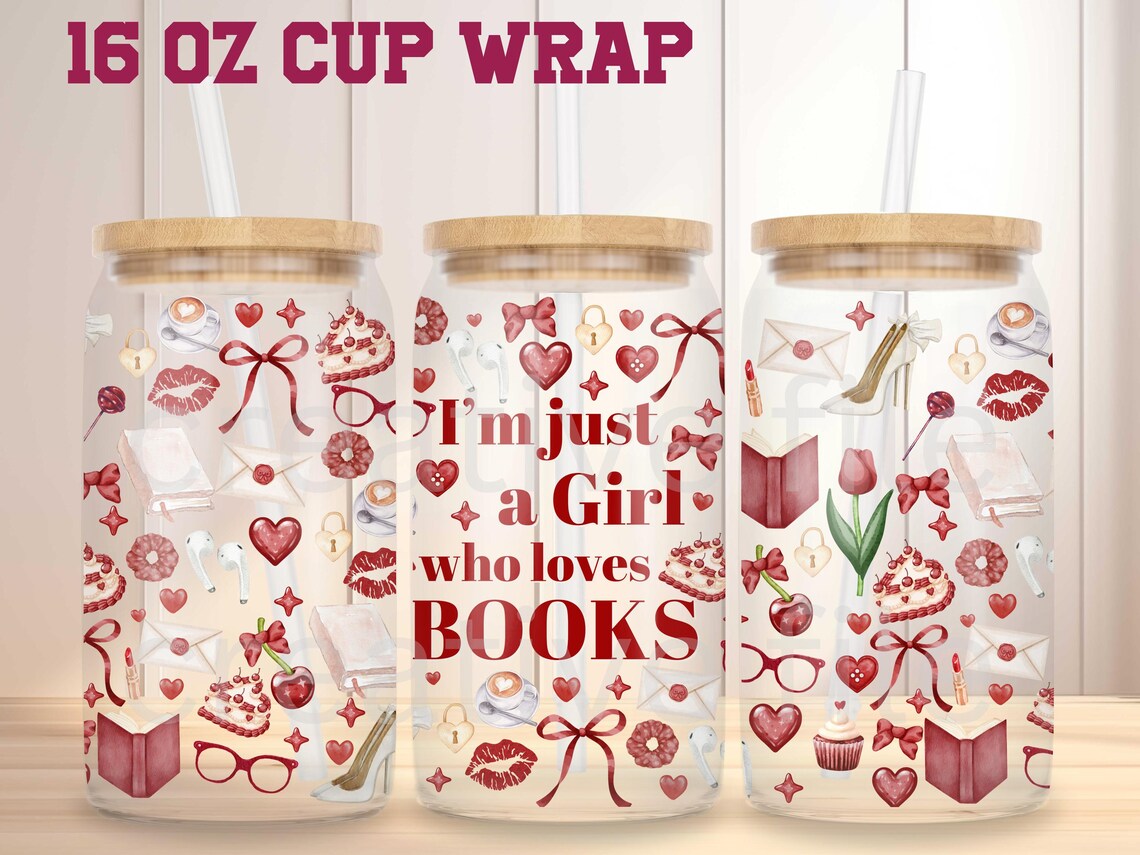 Book Lover 16oz Libbey Glass Wrap PNG, Literary Aesthetic Cup Wrap ...