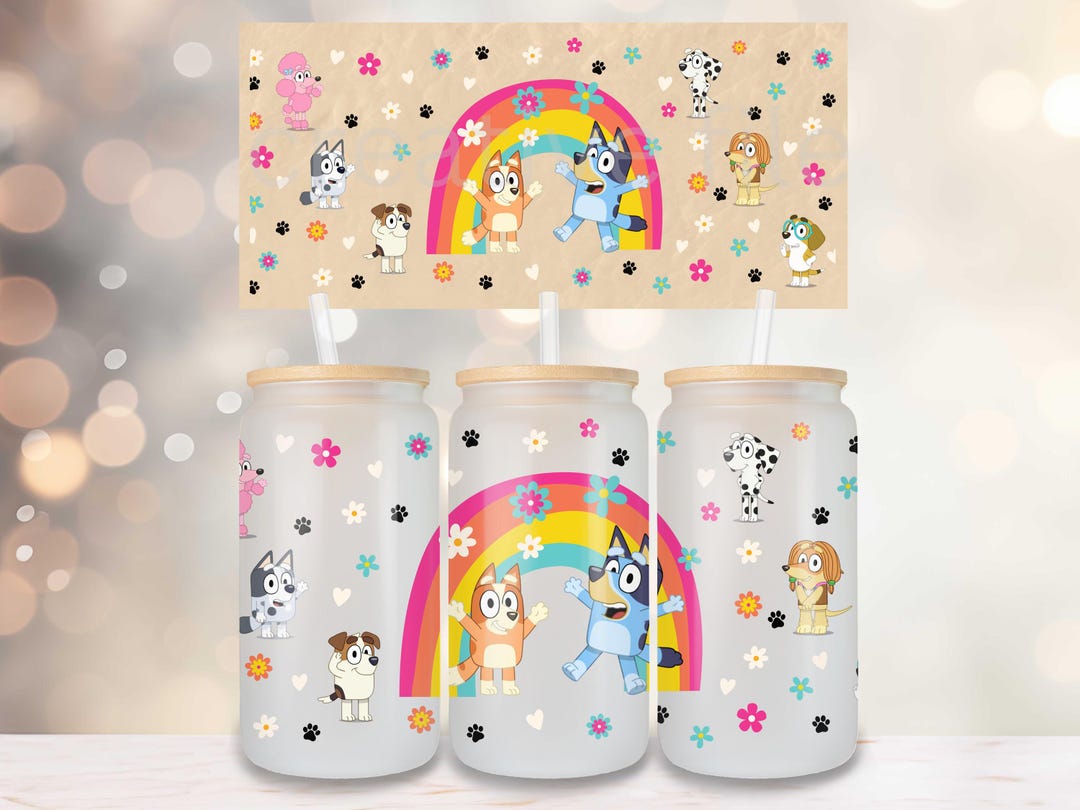 Bluey Colorfull Libbey Glass Can Png, Cartoon 16 Oz Tumbler Wrap Design ...