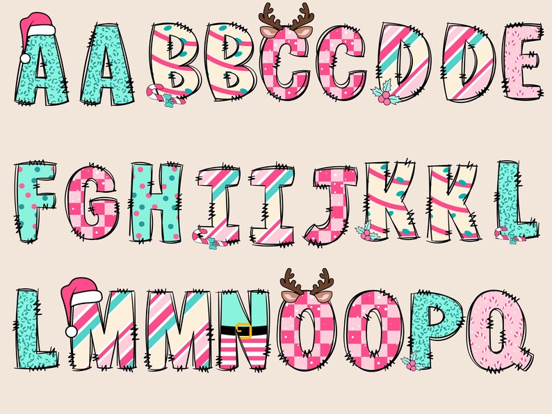 Xmas Alphabet PNG Bundle, Christmas Letters Numbers Clipart Set, Doodle ...