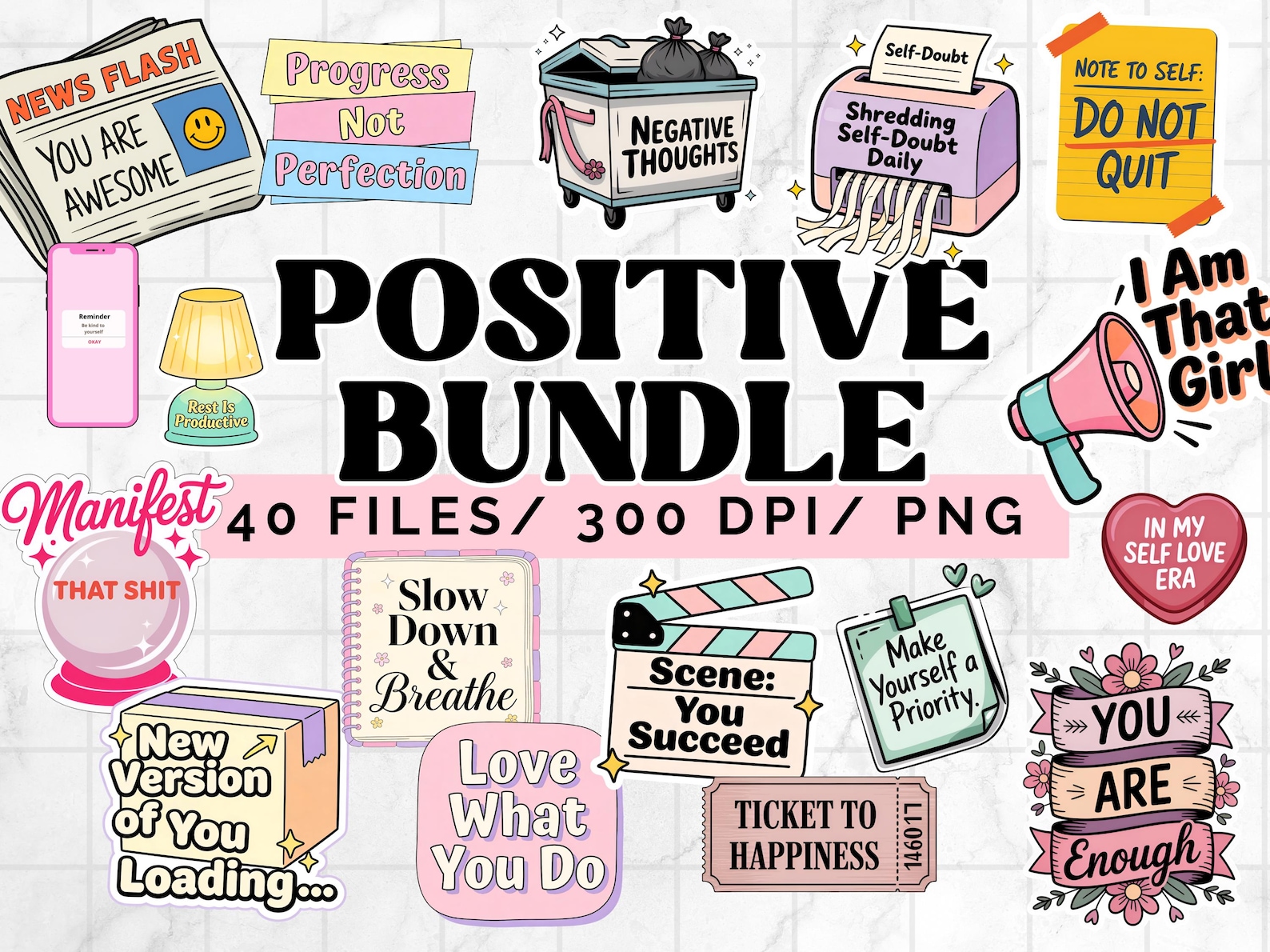 Positive Affirmation Clipart Bundle PNG, Self Love Motivational ...