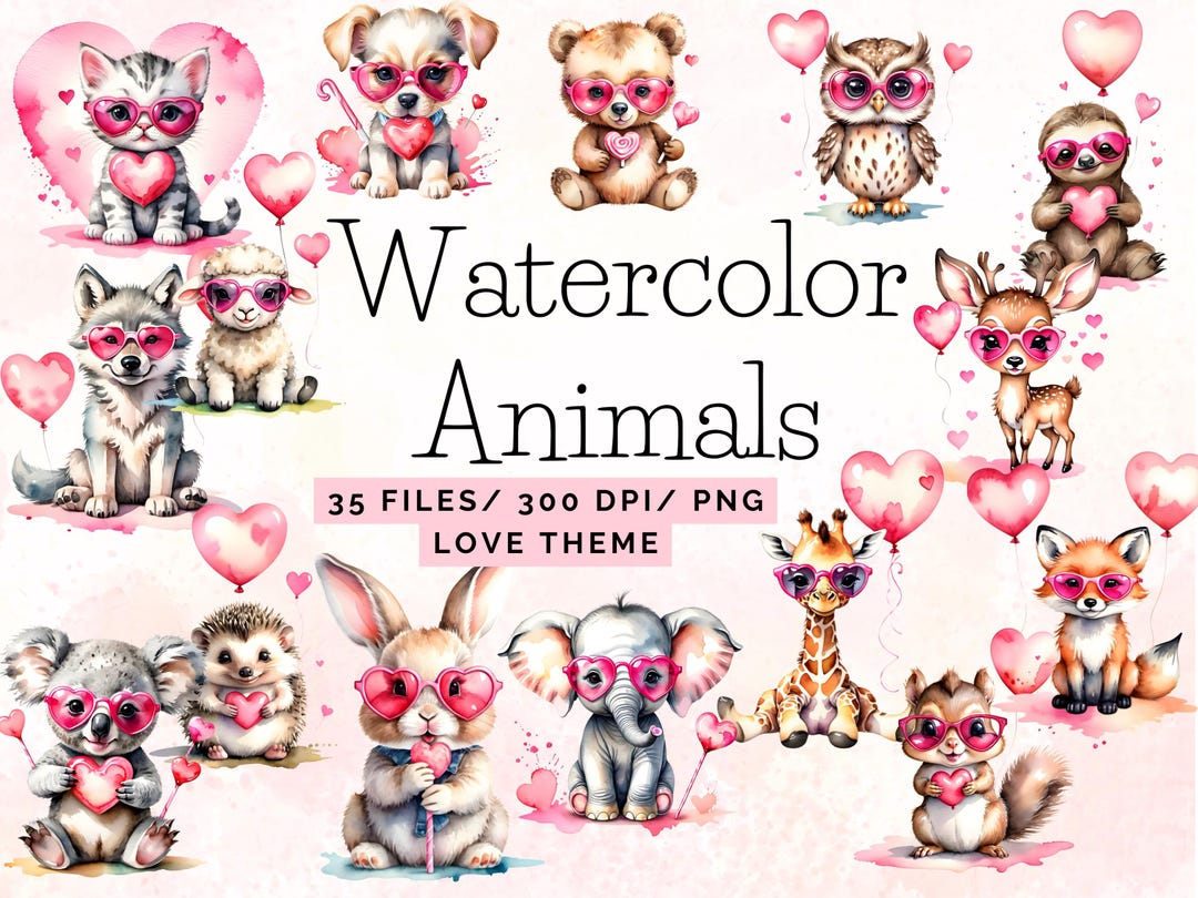 Watercolor Animals Clipart Bundle PNG, 35 Cute Love Animal PNG Files ...